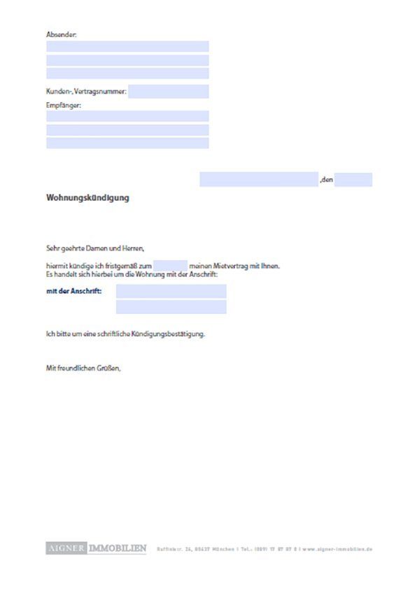Kündigungsformular Wohnung für Mieter